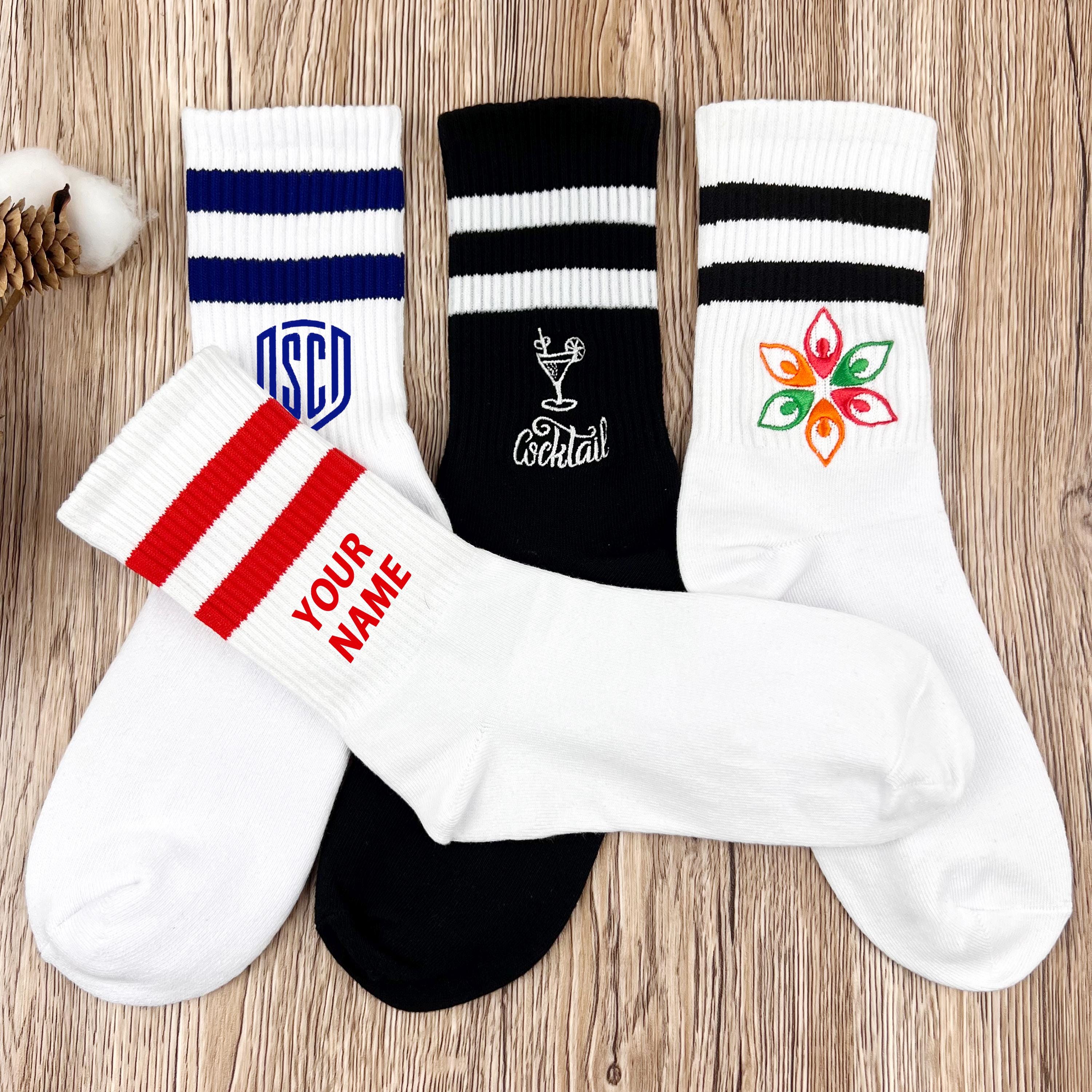 Customize Personalized Embroidered Socks, With Stripes White Crew Socks ...