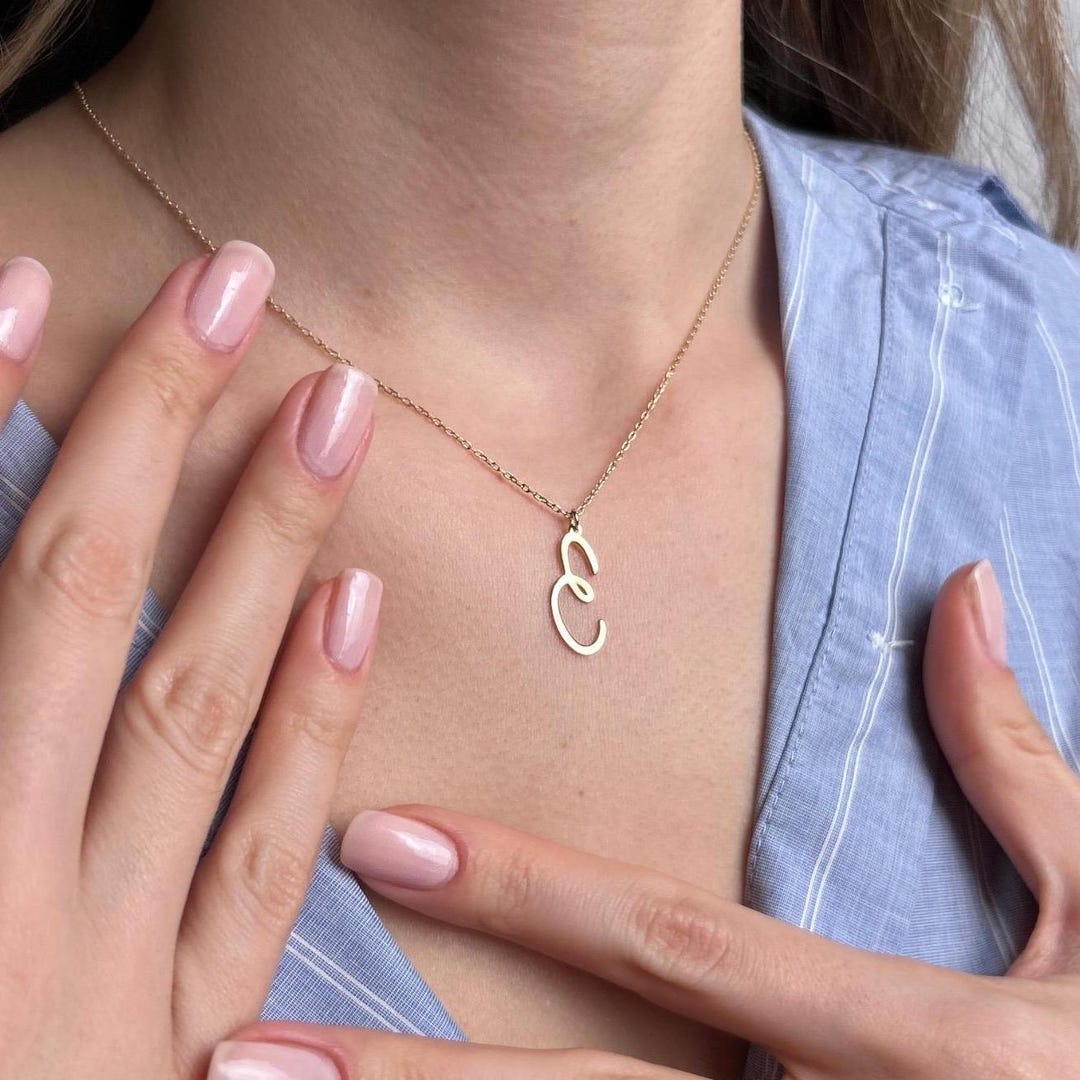 8K 14K Solid Gold Cursive Initial Letter Necklace | Women's Custom ...