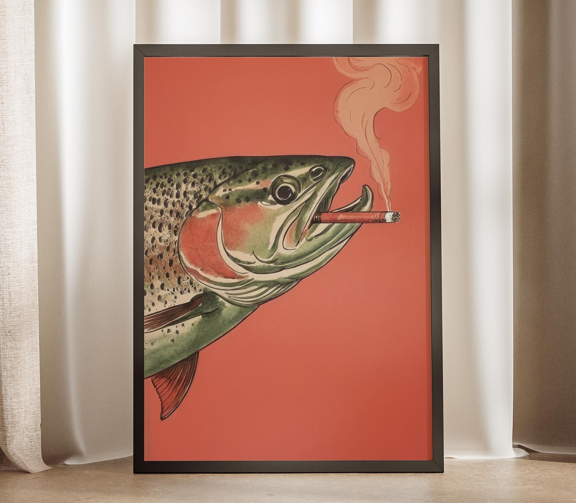 Trout Smoking a Cigarette Vintage Poster Art Funny Retro Whimsical ...