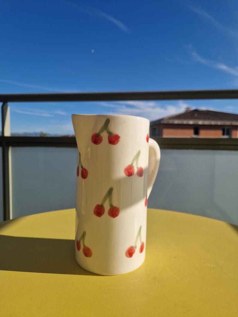 Handmade Ceramic Pitcher – Hand-painted Cherry Design – Retro and ...
