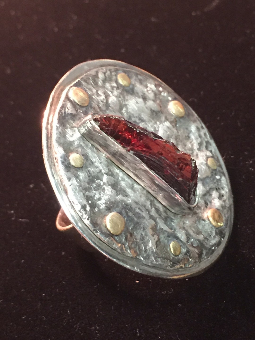 Reticulated Sterling Silver Ring With 4-5 Carat Rough Garnet With Red ...