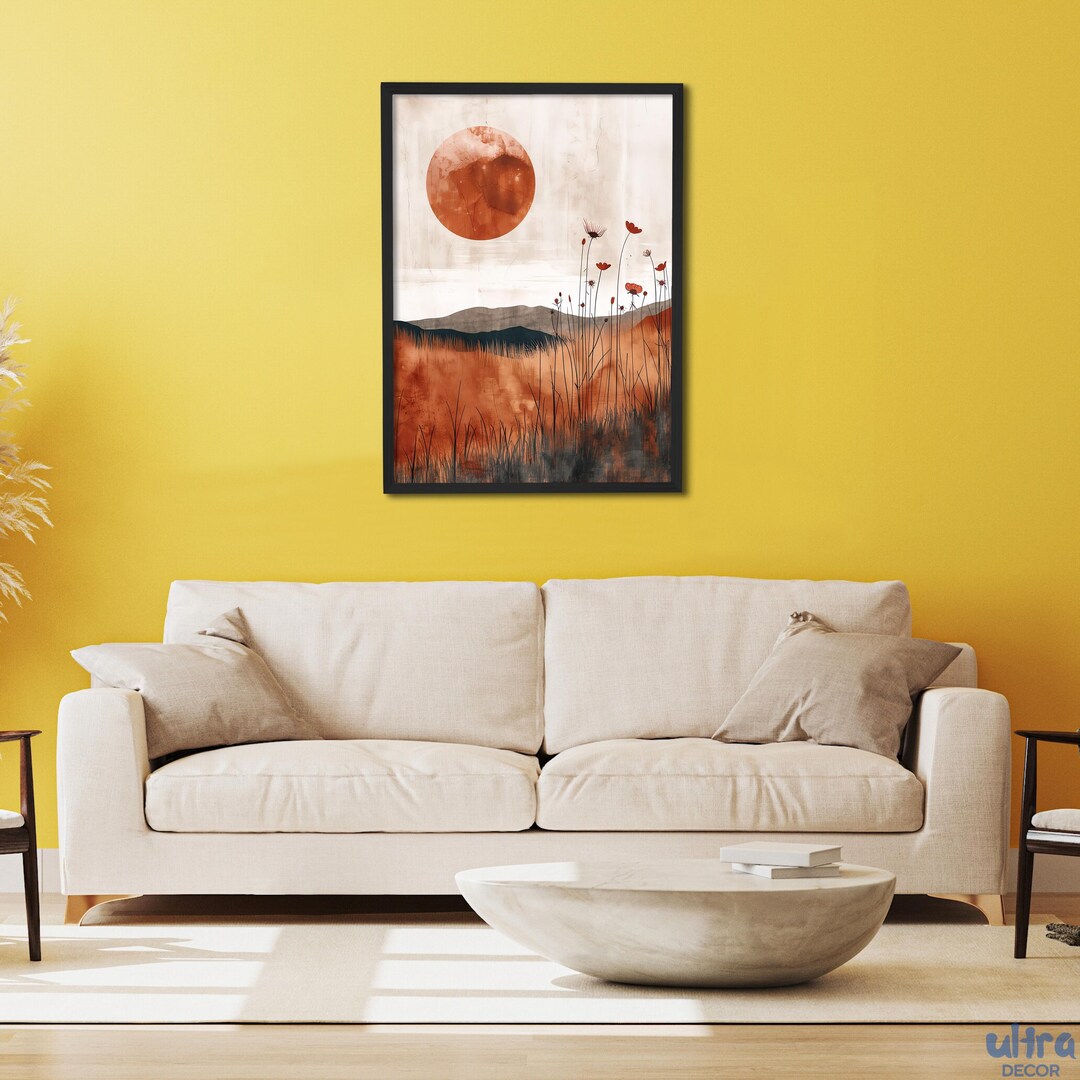 Rust Moon Over Quiet Meadow Boho Earth Tone Landscape, Wall Art, Wall ...