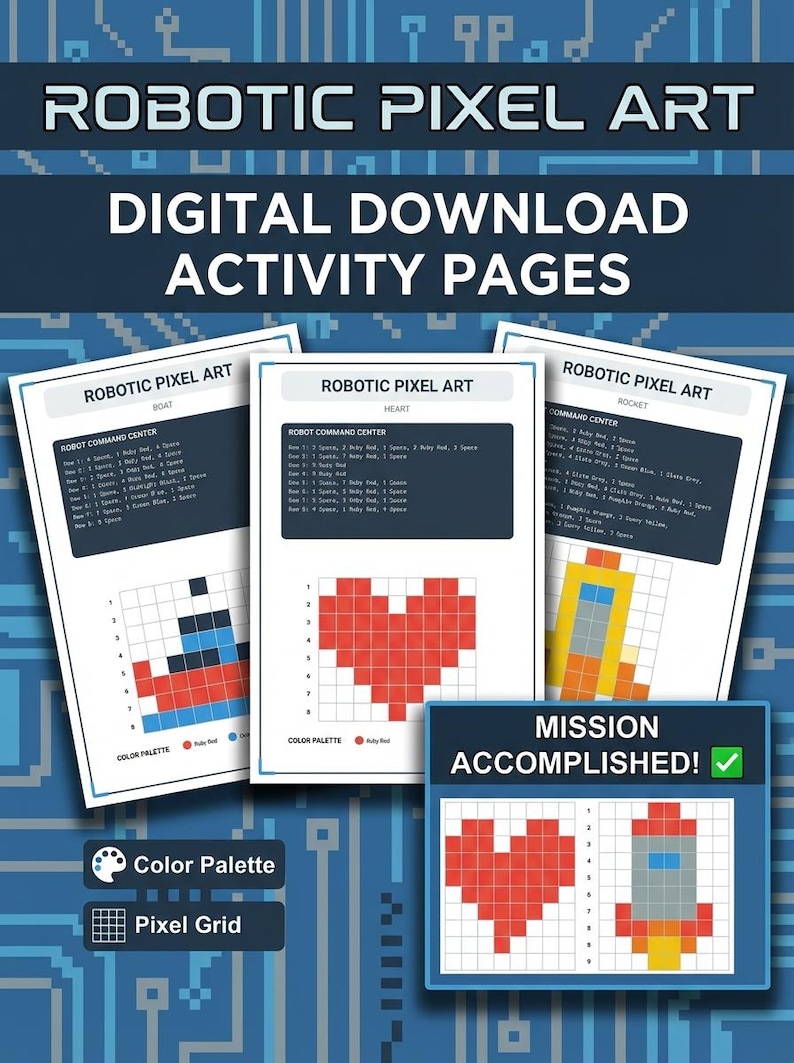 Coding Pixel Art Bundle – STEM Robot, Rocket, Boat (PDF) - Etsy