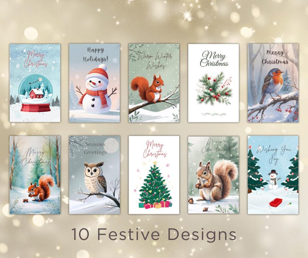 Printable Christmas Cards Bundle | 10 Holiday Card Designs | Folded ...