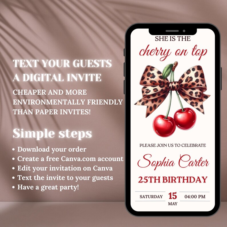 Cherry Leopard Birthday Invitation: Glam Cheetah Print, Editable ...