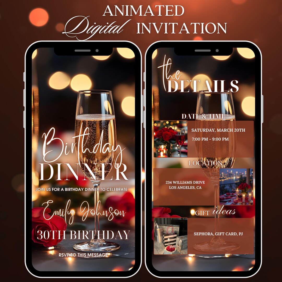 Animated Birthday Dinner Invitation: Elegant Digital Text Evite (canva ...