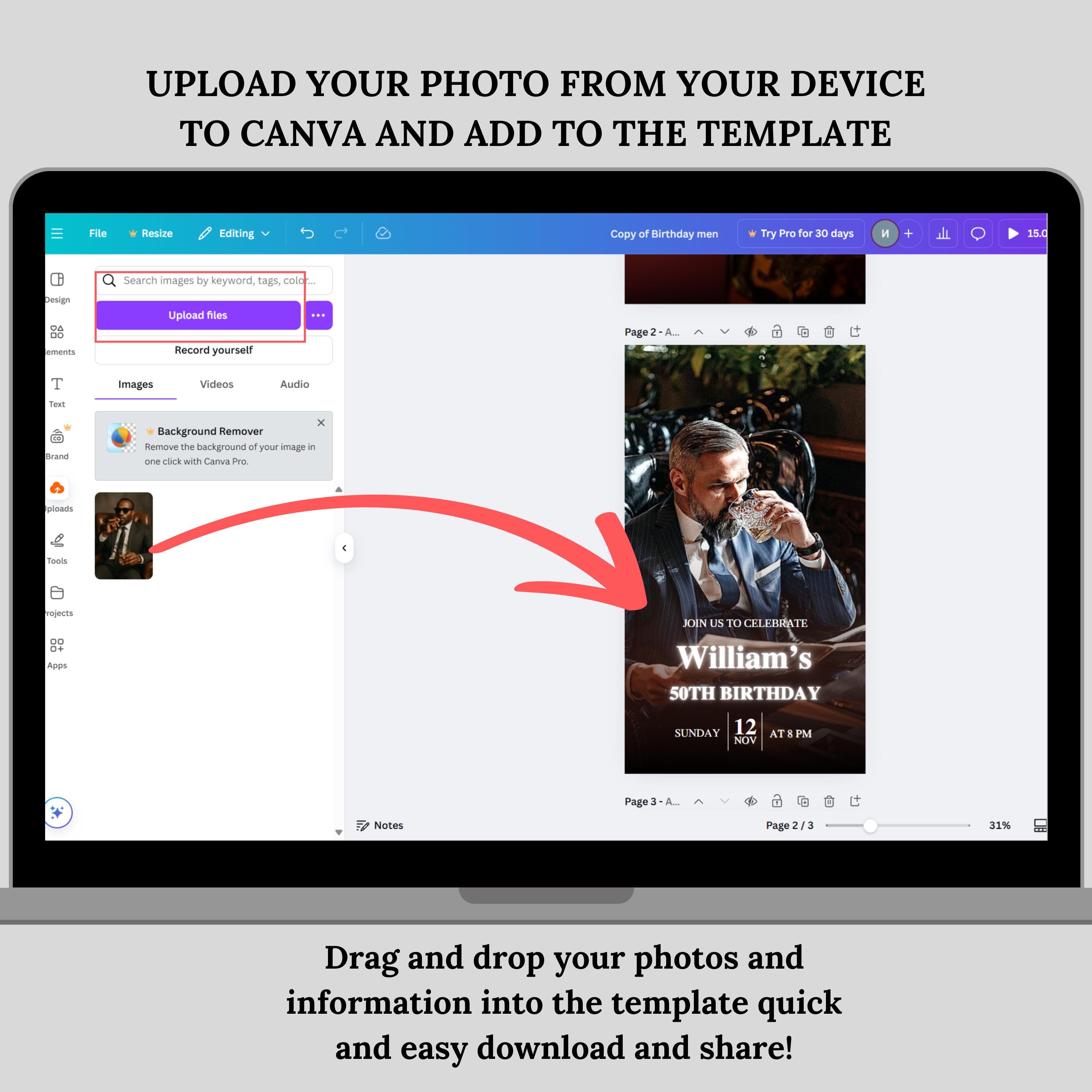 Digital Men Birthday Invitation, Men Invitation With Photo, Invitation ...
