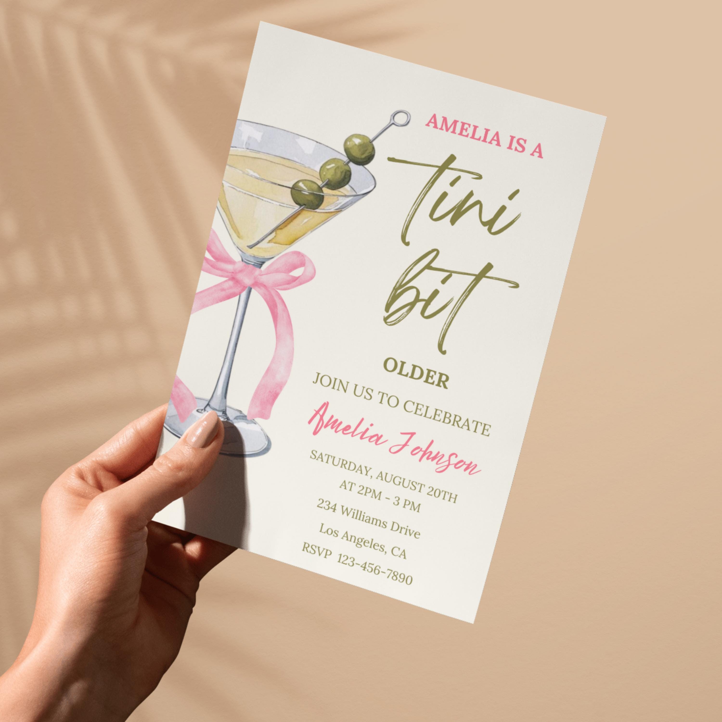 A Tini Bit Older Birthday Party Invitation, EDITABLE Pink Bow Martini ...