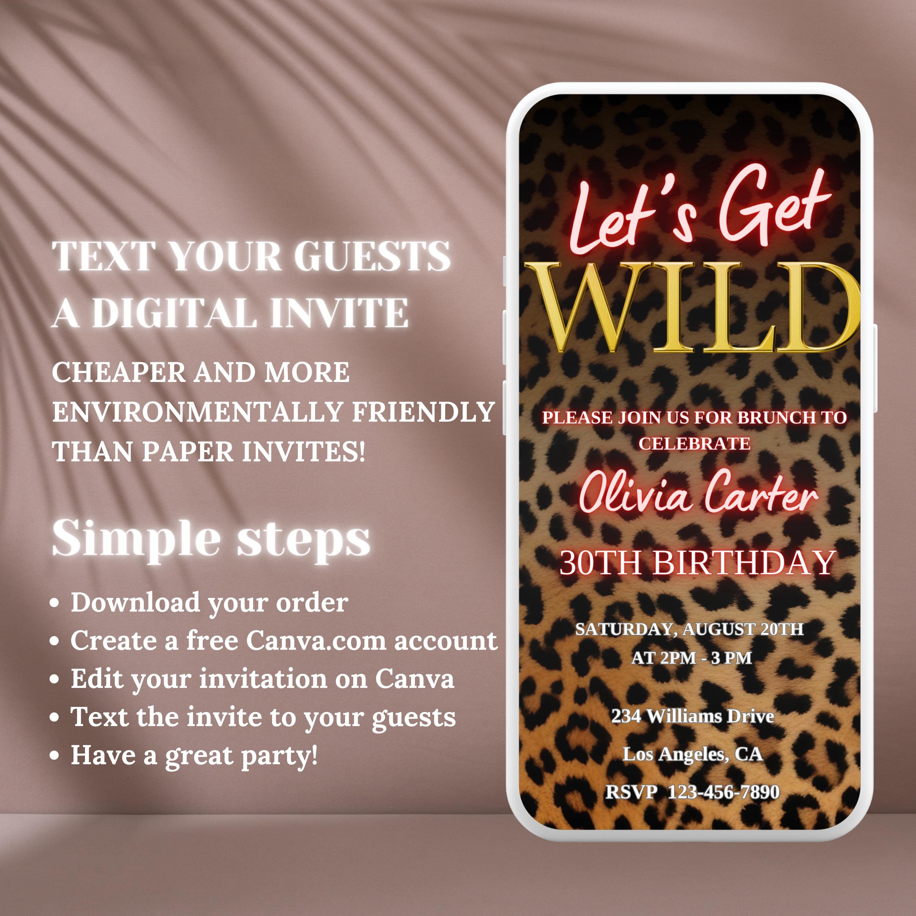 Cheetah Print Birthday Invitation Template: Red & Gold Jungle Glam ...
