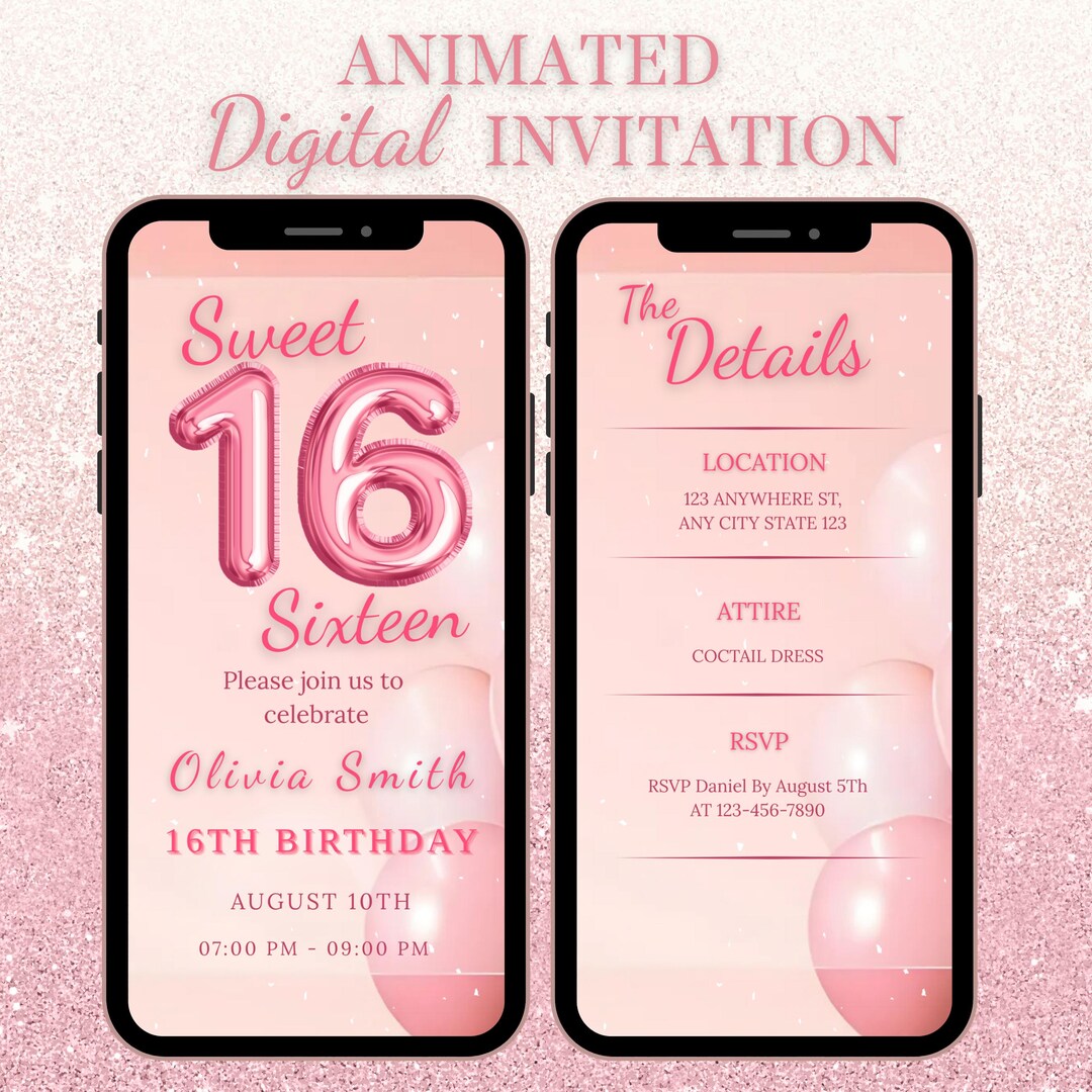 Editable Sweet Sixteen Animated Invitation: Pink Balloon Party (digital ...