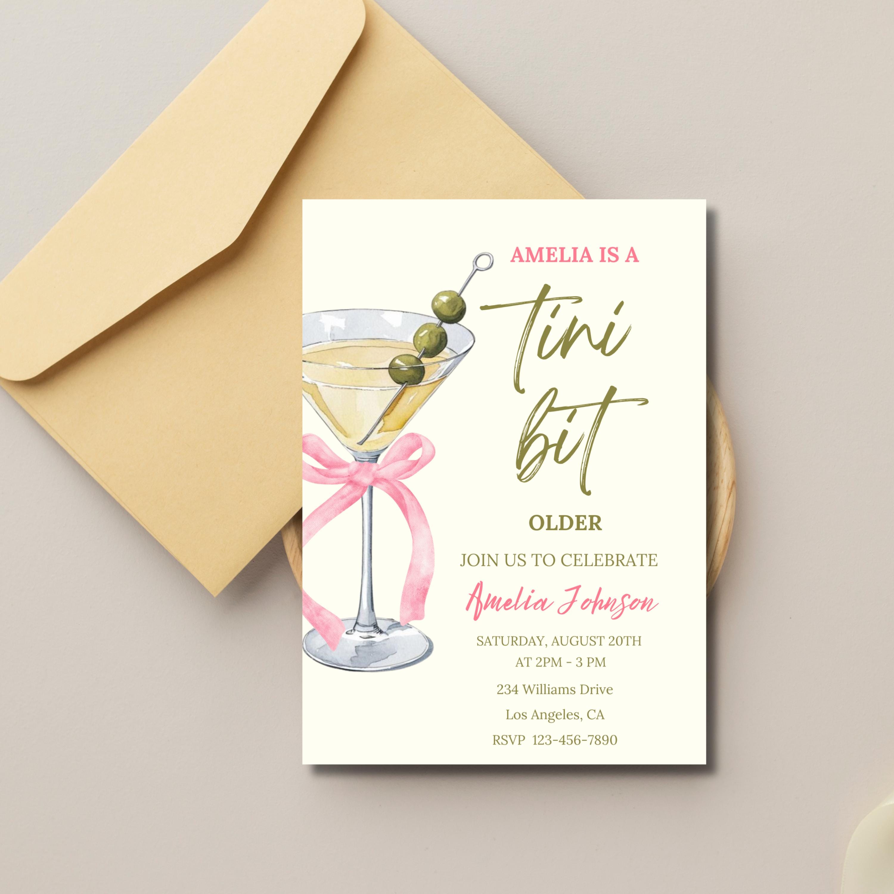 A Tini Bit Older Birthday Party Invitation, EDITABLE Pink Bow Martini ...