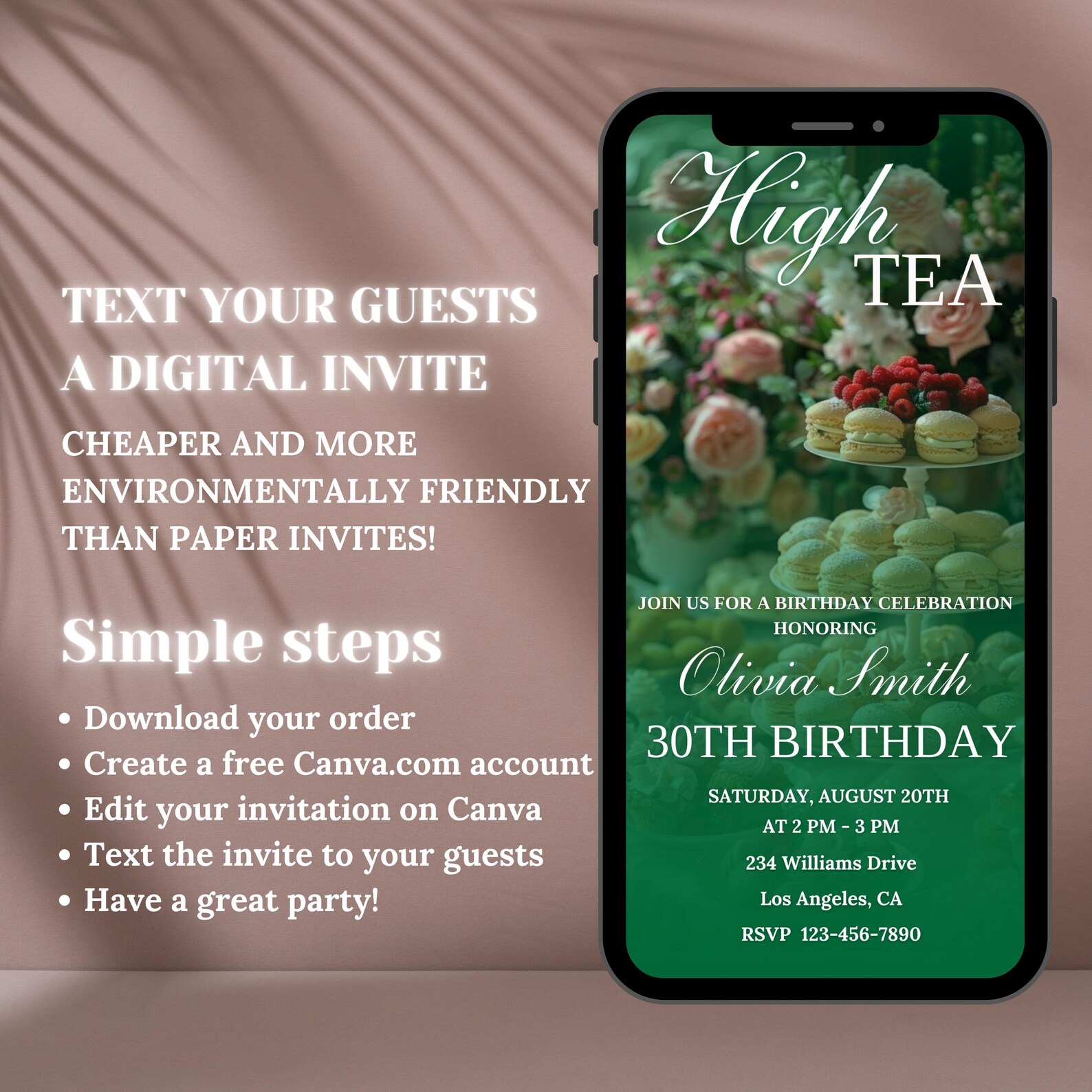 Animated High Tea Birthday Invitation: Green Floral Garden Party ...