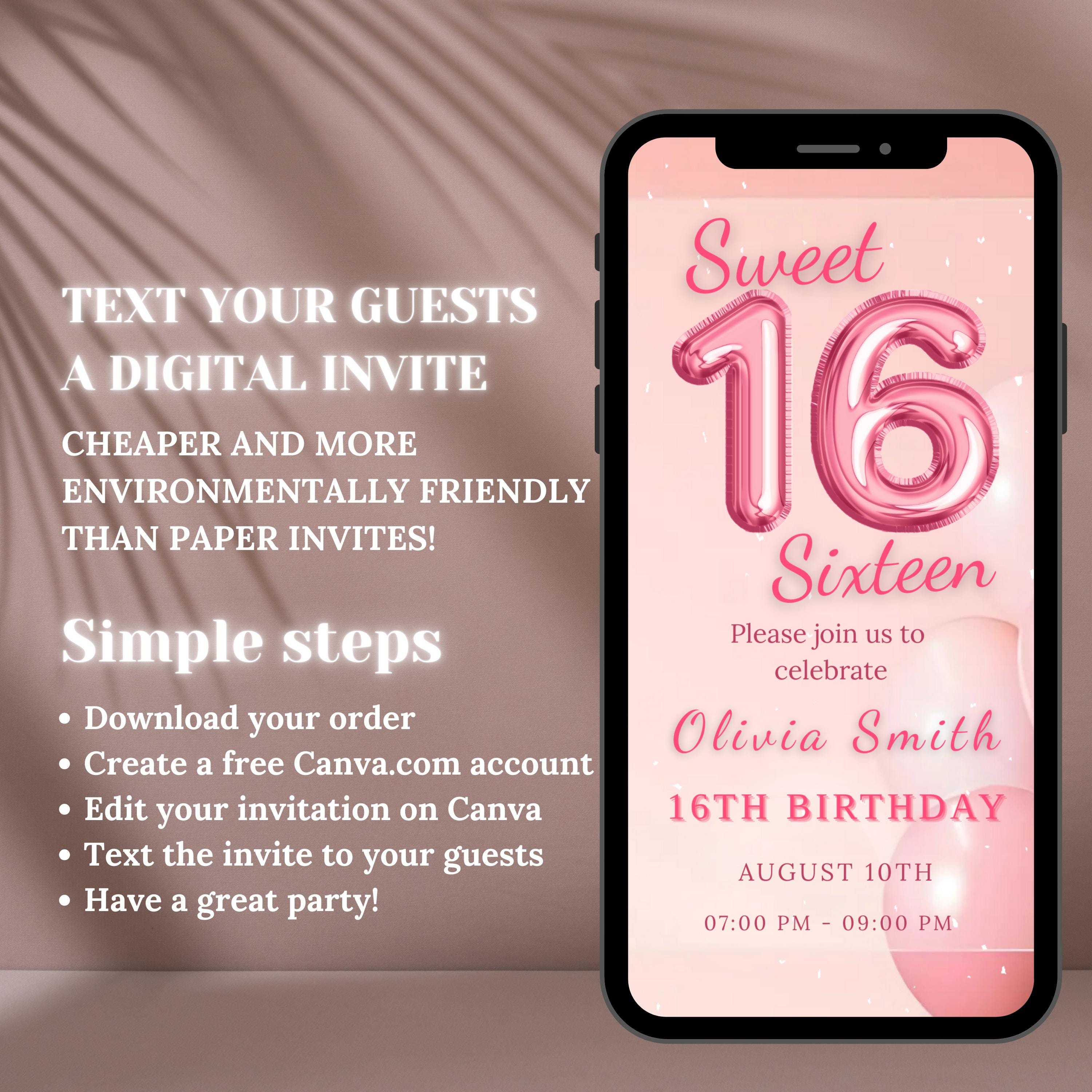Editable Sweet Sixteen Animated Invitation: Pink Balloon Party (digital ...