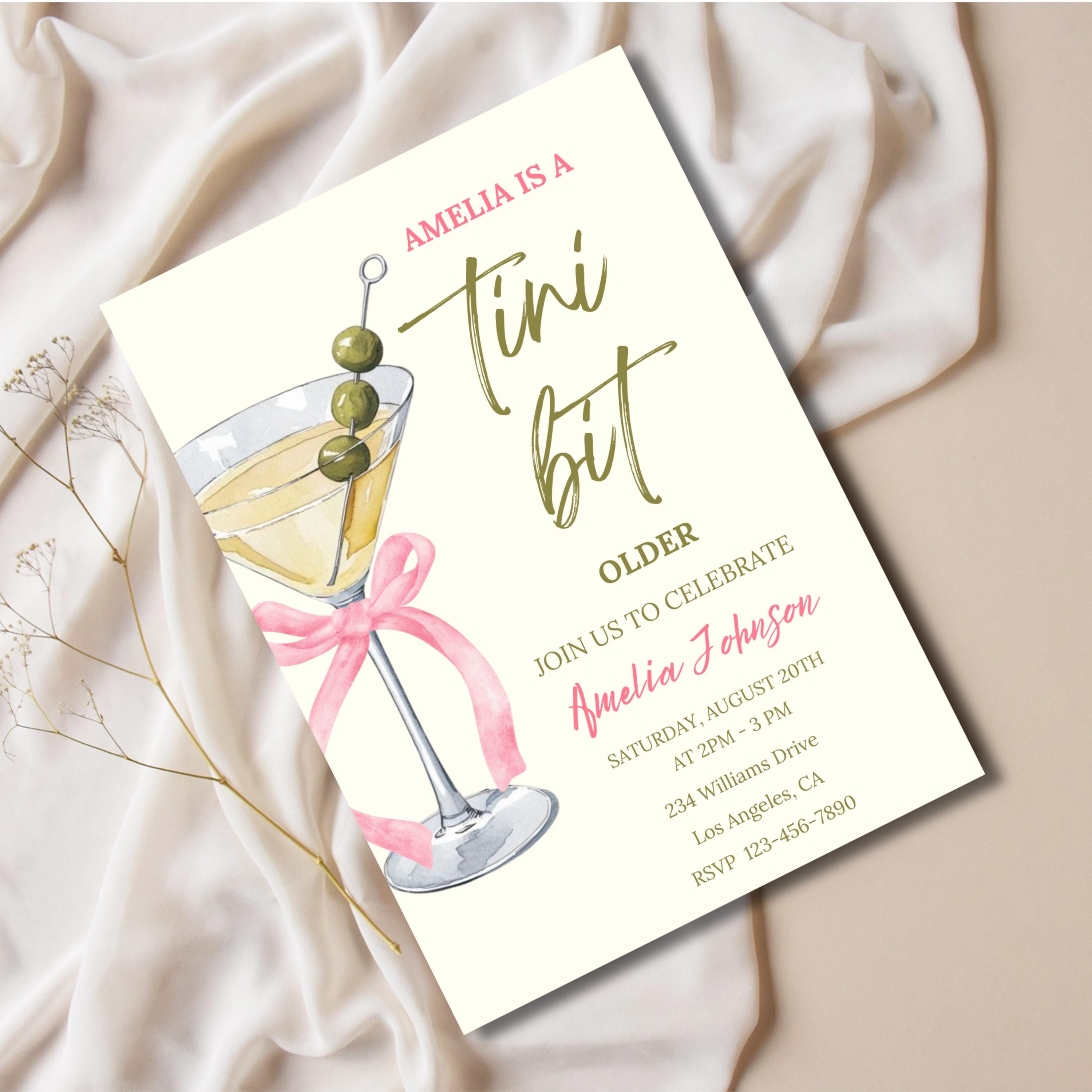 A Tini Bit Older Birthday Party Invitation, EDITABLE Pink Bow Martini ...