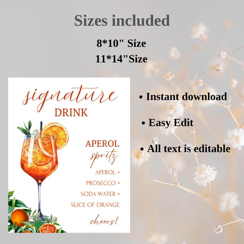 Spritz Signature Cocktail, Aperol Spritz Bar Sign, Signature Drink ...