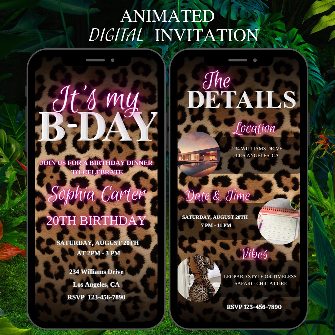 Cheetah Print B-day Invitation, Animated Pink & White Jungle Brunch ...