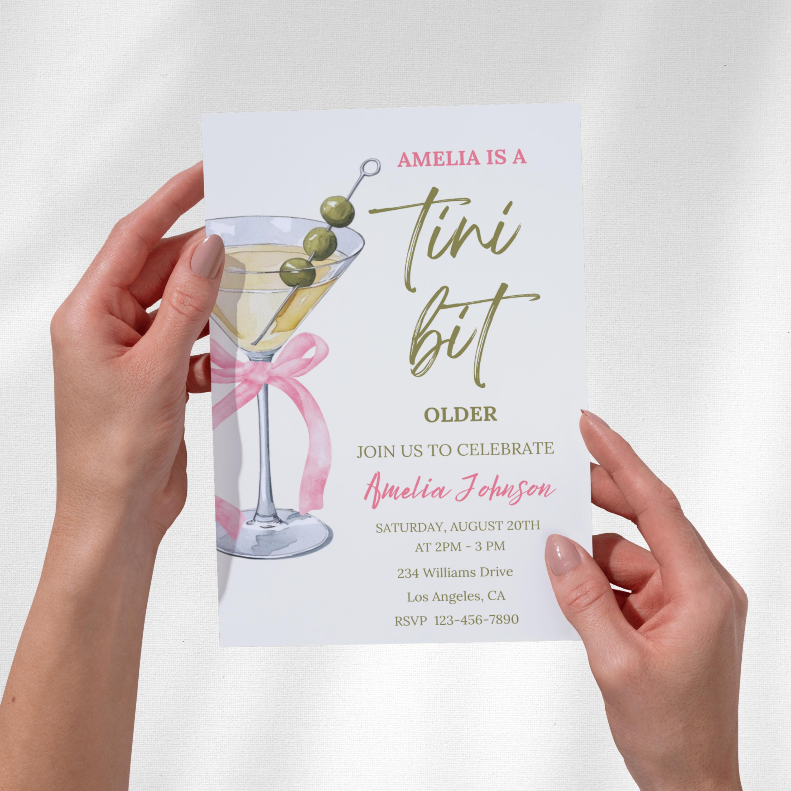 A Tini Bit Older Birthday Party Invitation, EDITABLE Pink Bow Martini ...