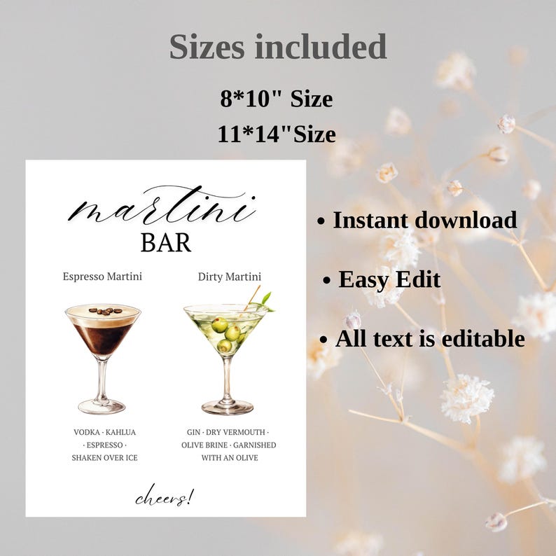 Martini Bar Signage. Martini Signature Drinks Bar Sign Template ...
