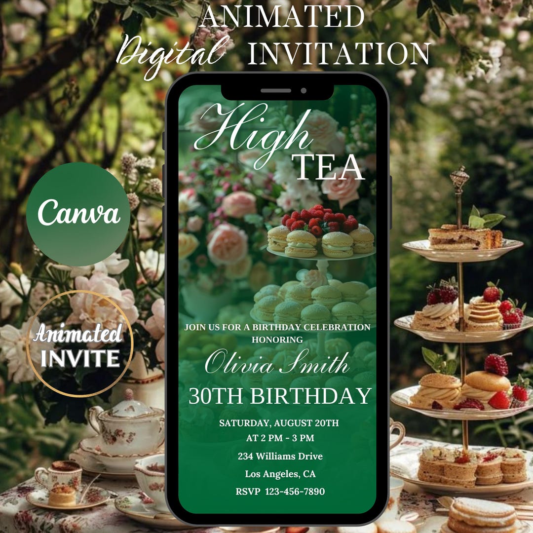 Digital High Tea Birthday Invitation Template, Animated Green Floral ...