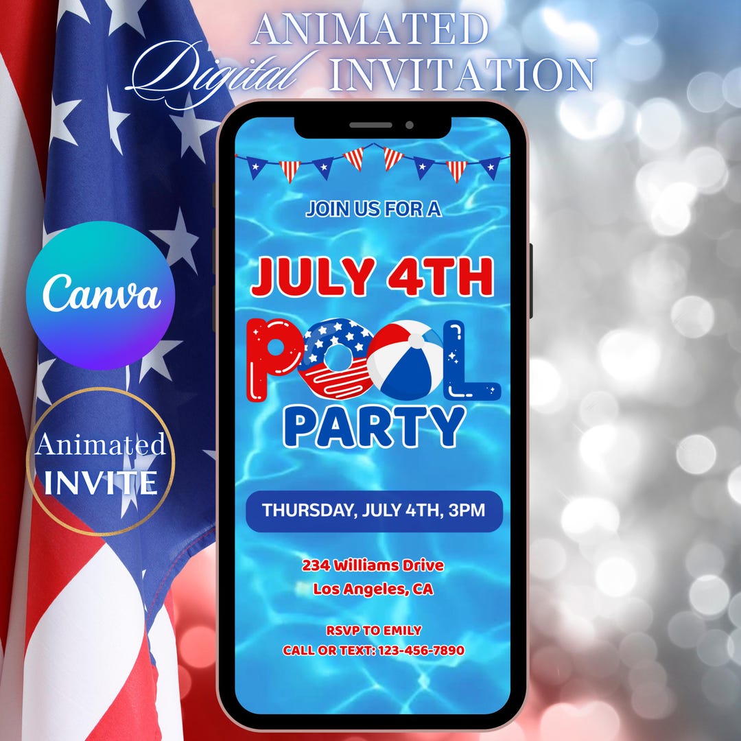 Animated July 4th Pool Party Evite: DIY Template (digital Download) - Etsy