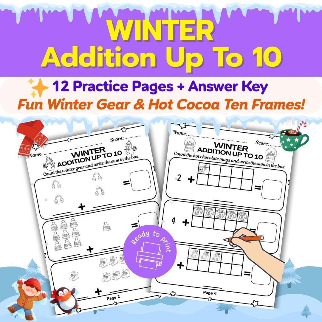 Winter Addition to 10 Worksheets | Kindergarten Math Winter Gear & Ten ...