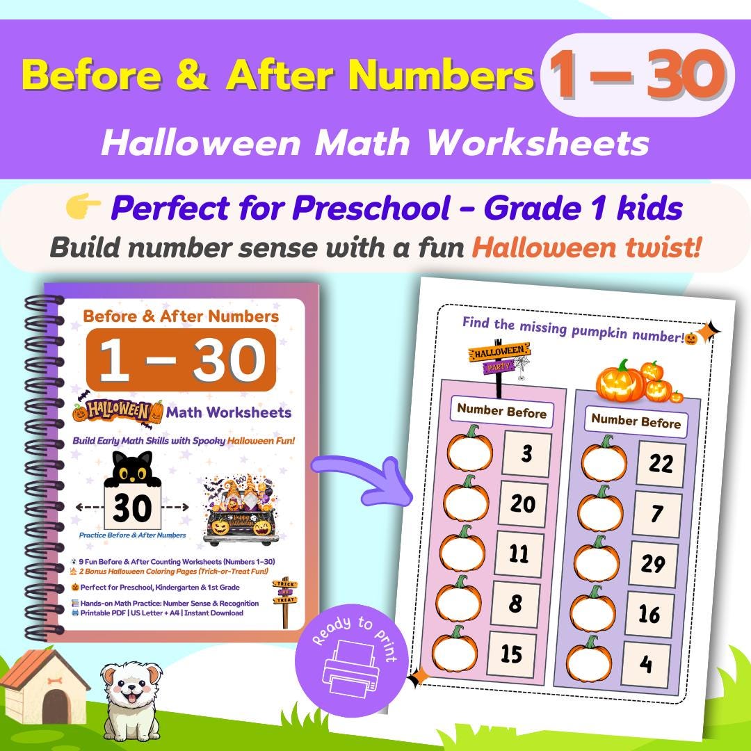 Before & After Numbers 1-30 Halloween Worksheets | Early Math Counting ...
