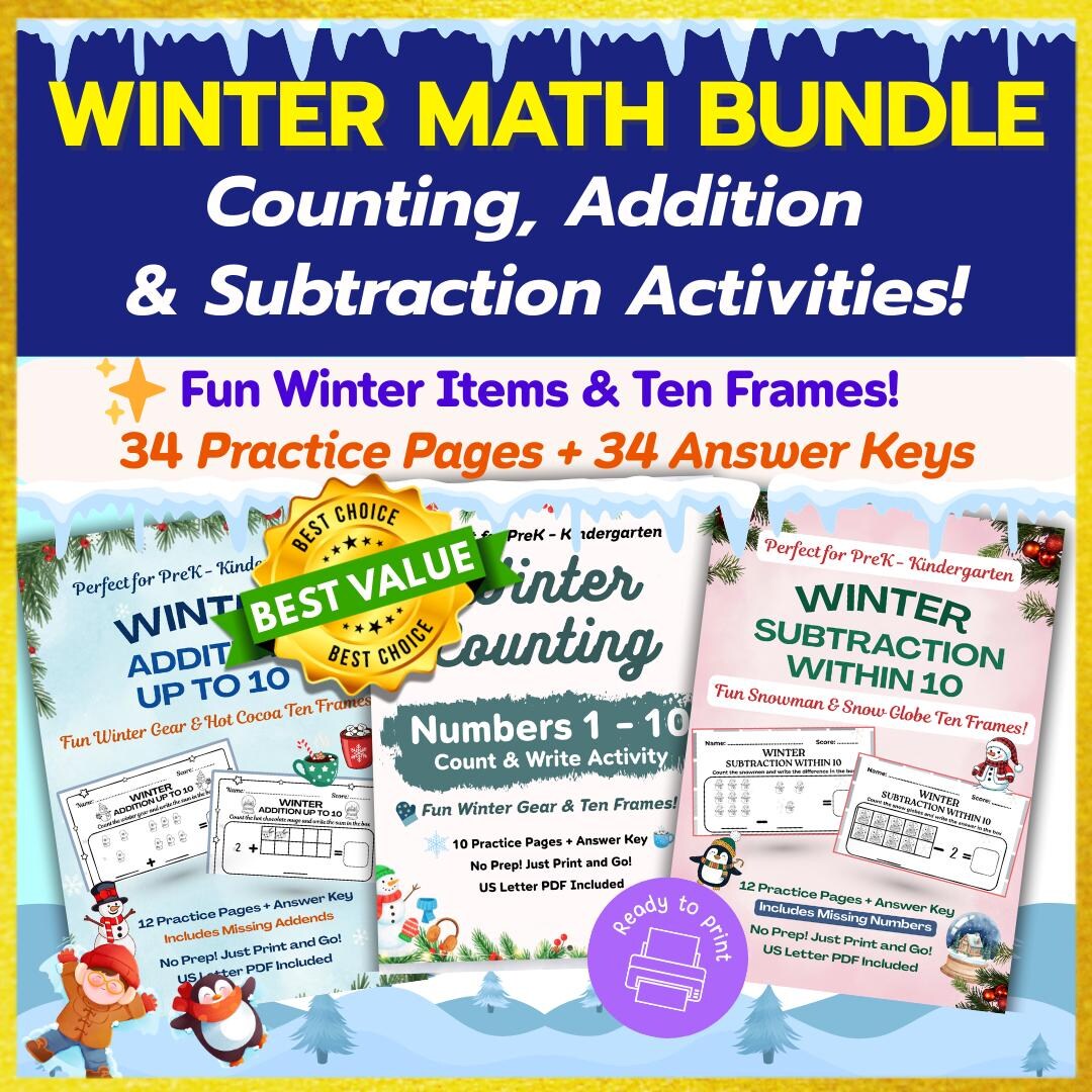 Winter Math Kindergarten Bundle | Counting, Addition, Subtraction ...