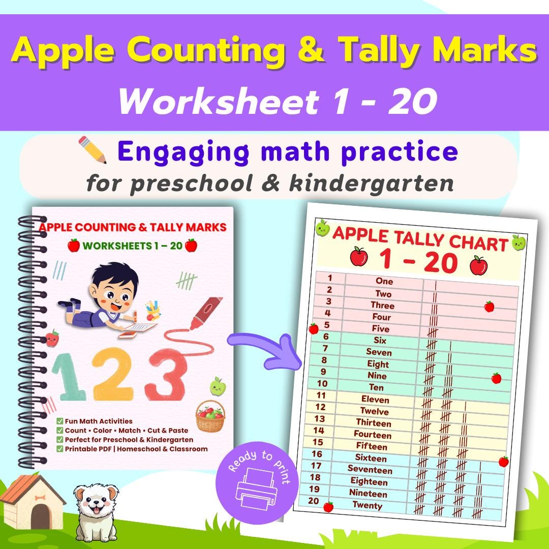 Apple Counting Worksheets: Tally Marks, Preschool Math (printable PDF ...