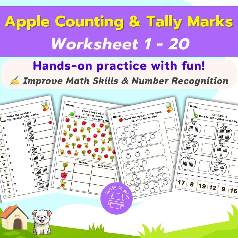 Apple Counting Worksheets: Tally Marks, Preschool Math (printable PDF ...