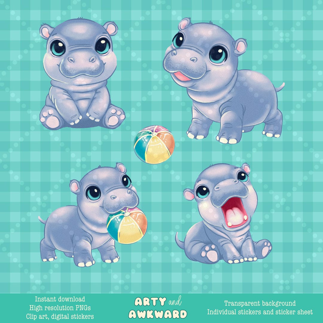 Adorable Baby Hippo Clipart Pack | Cute Hand-drawn Hippo Illustrations ...
