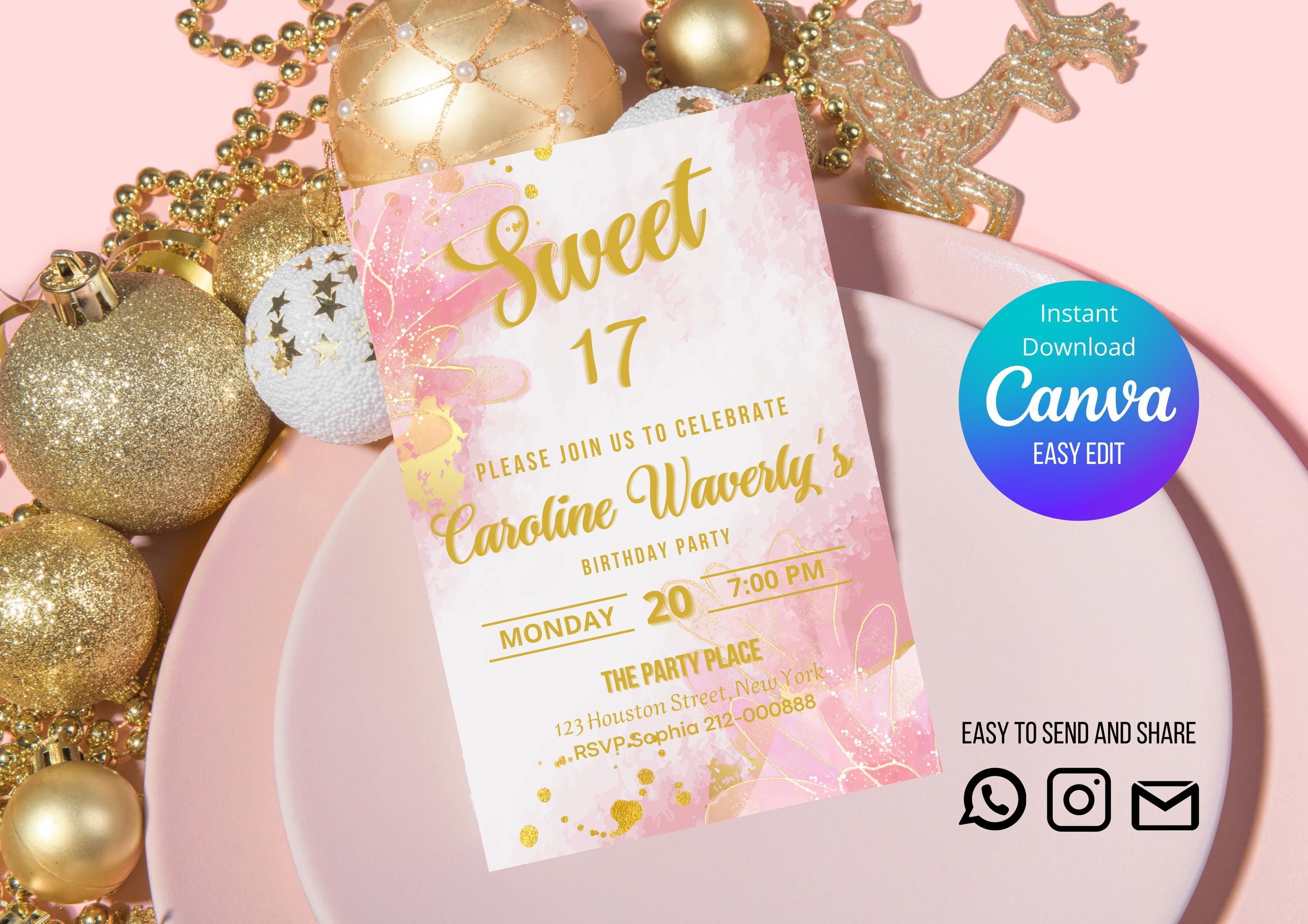 Editable Birthday Invitation Sweet Seventeen Pink Glitter Color Sweet ...