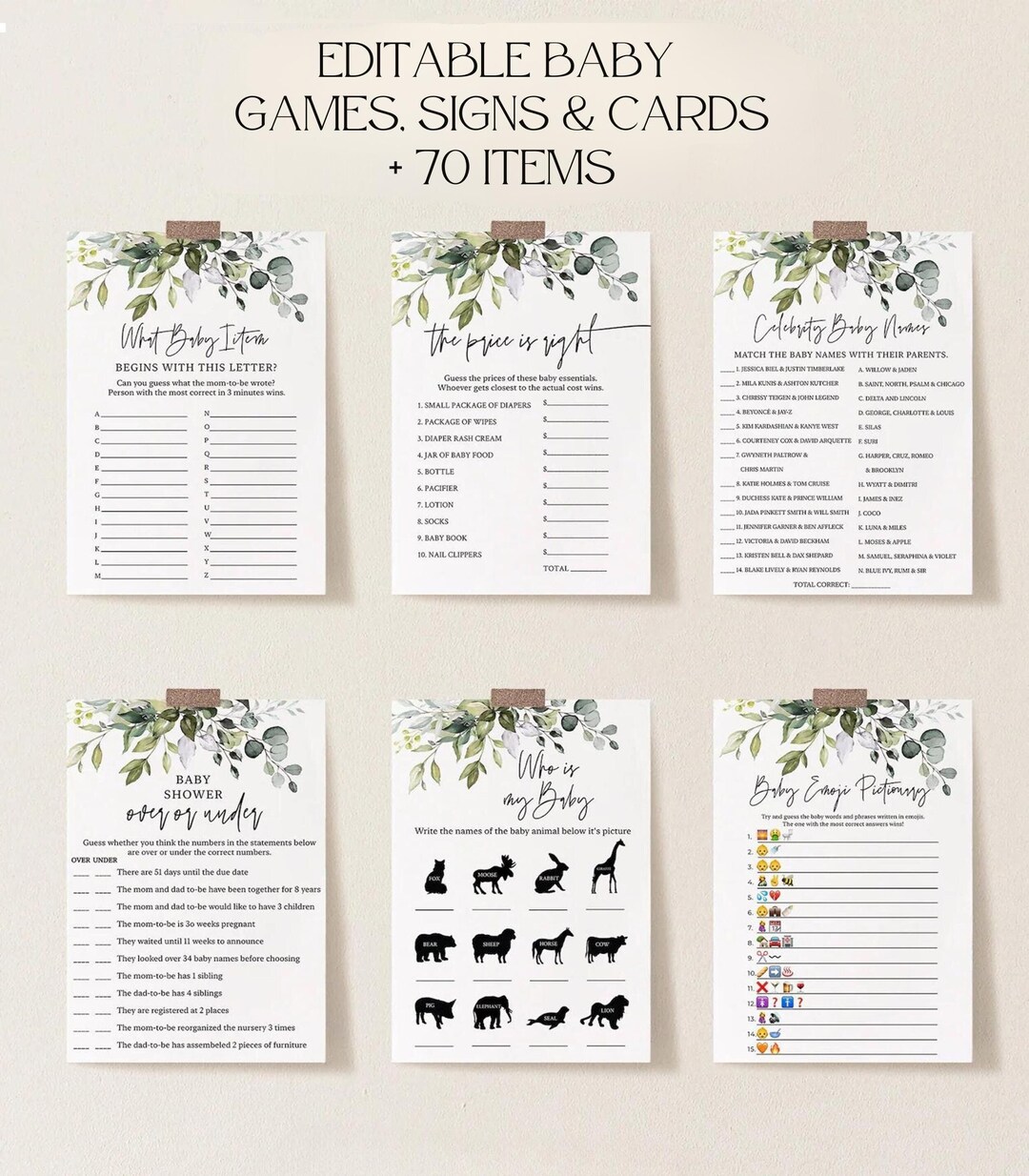 Greenery Foliage Baby Shower Games Templates, Foliage Baby Fun ...