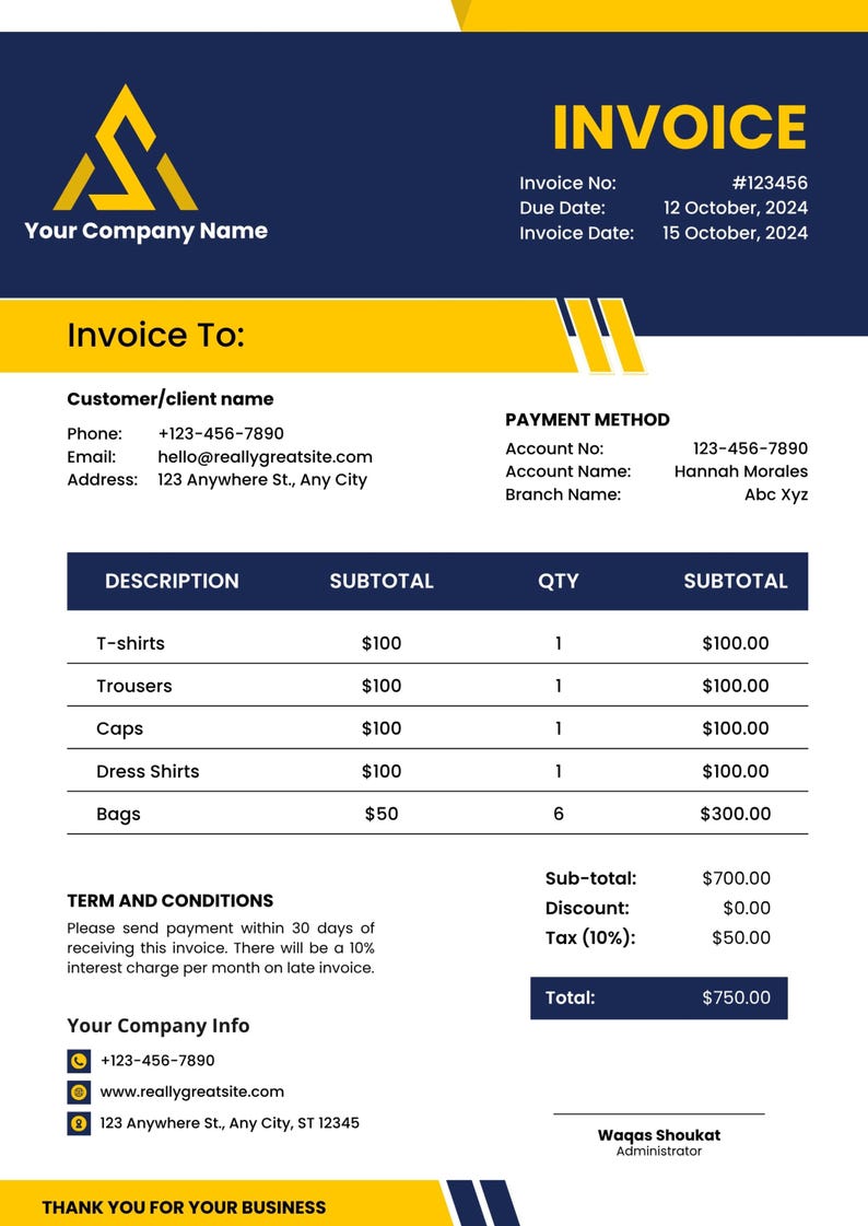Invoice Template Editable, Modern Invoice, Pack of Five Professional ...
