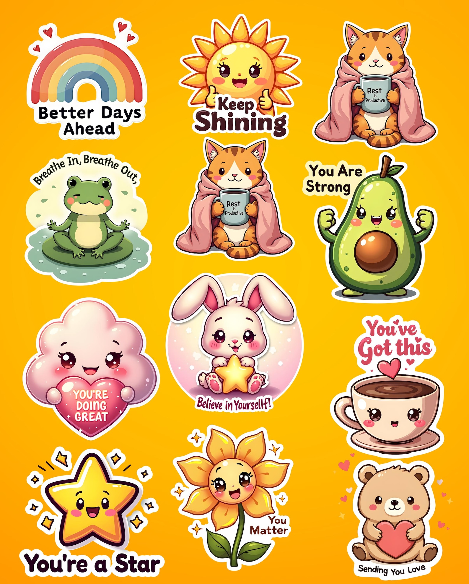 Cute Kawaii Positivity Stickers Bundle | Printable & Digital PNG ...