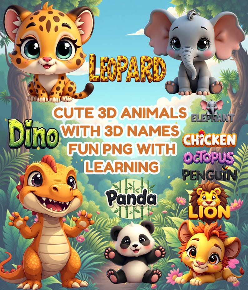 Cute Baby Animals Clipart 3d– Adorable Cartoon Animal PNG Bundle With ...