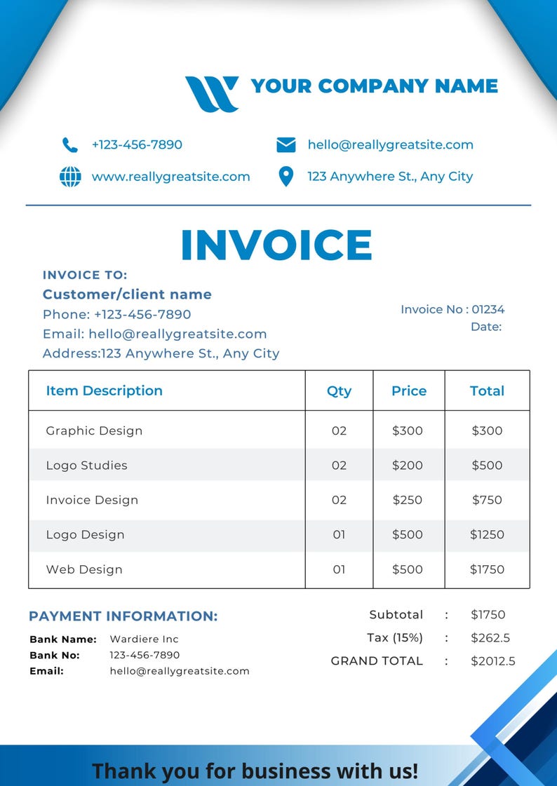 Invoice Template Editable, Modern Invoice, Pack of Five Professional ...