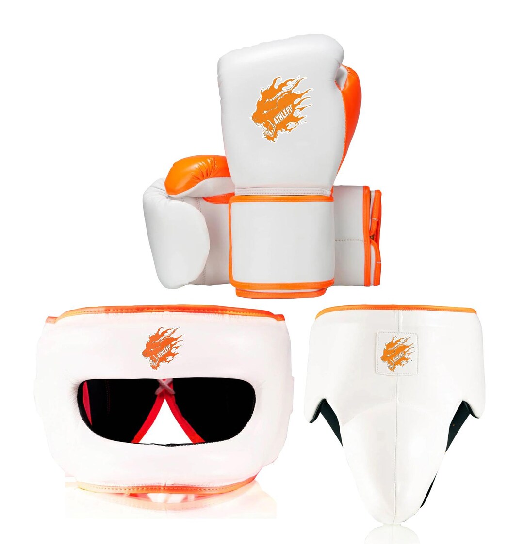 Athlefit Custom Made White and Orange Boxing Gear Set Custom Glove Head ...