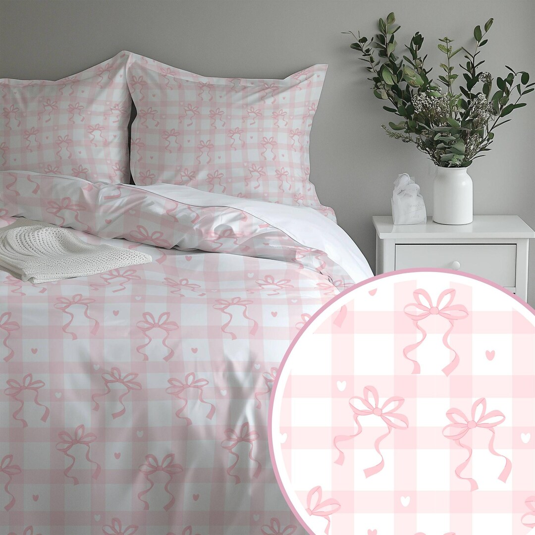Pink Gingham Duvet Cover Coquette Dorm Bedding Set Pink Bow Duvet Cover ...