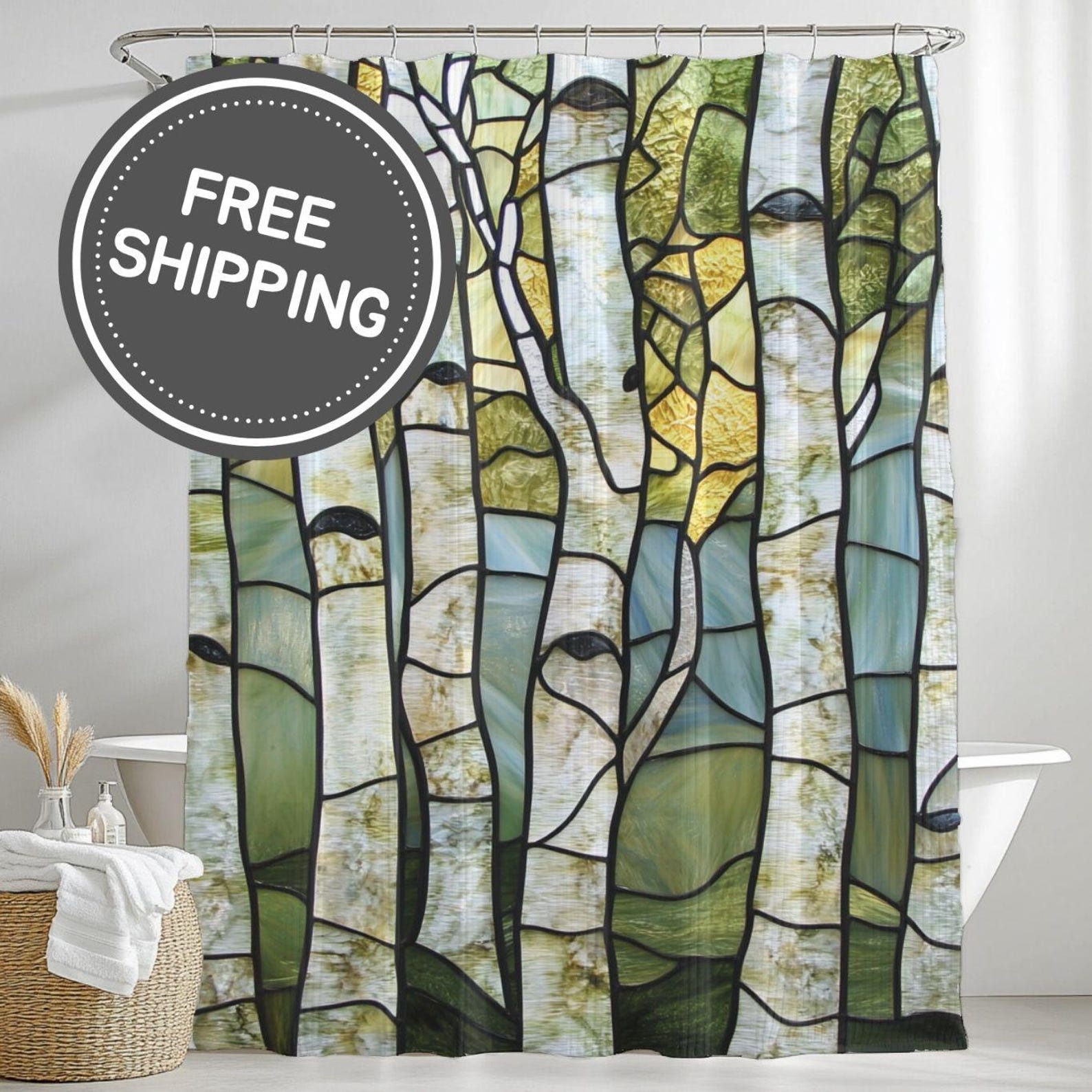 Birch Tree Stained Glass Green Shower Curtain Modern Art Bathroom ...