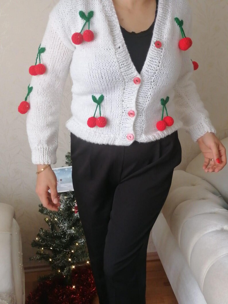 Cherry Cardigan, Woman Fruit Embroidery Jumper, Cherry Crochet Cardigan ...