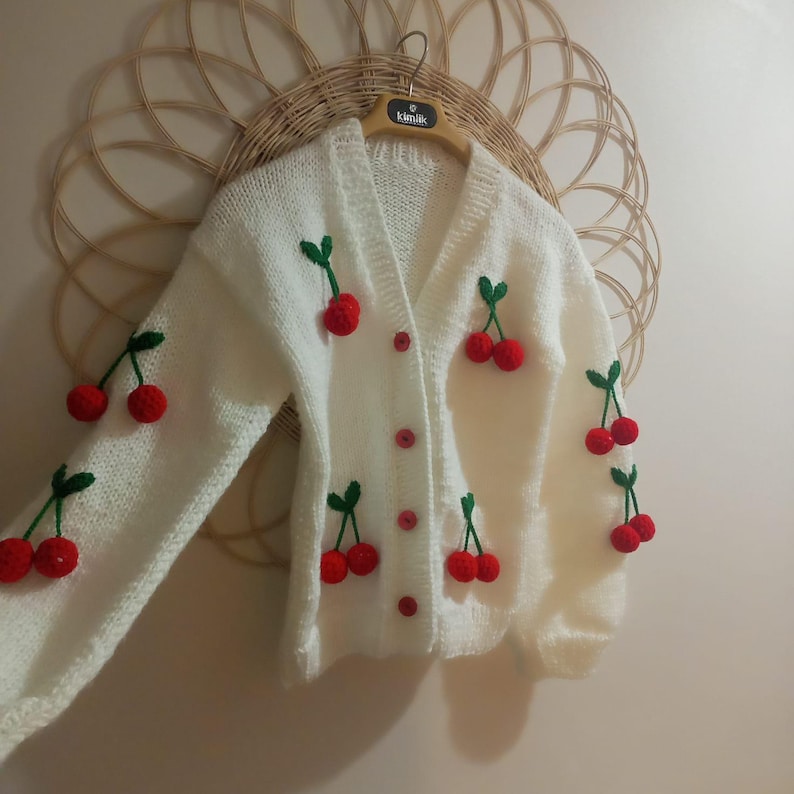 Cherry Cardigan, Woman Fruit Embroidery Jumper, Cherry Crochet Cardigan ...