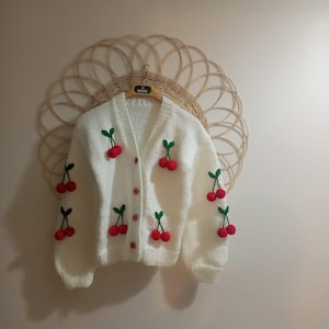 Cherry Cardigan, Woman Fruit Embroidery Jumper, Cherry Crochet Cardigan ...