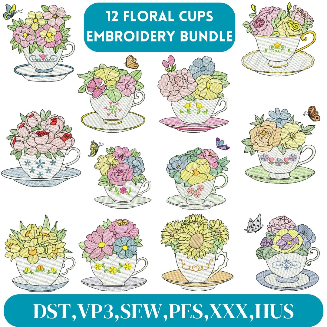 Floral Cups Embroidery, Coffee Cup Embroidery Design, Tea Cups ...