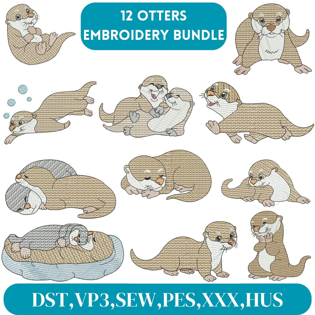 Otter Embroidery Design, Water Animal Embroidery, Otters Holding Hands ...