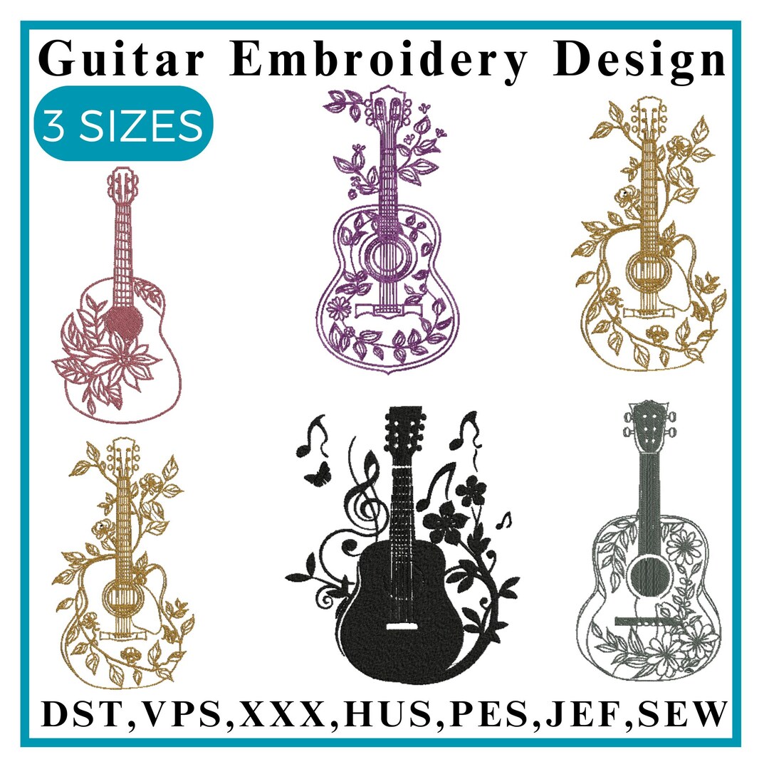 Guitar Embroidery Design, Floral Guitar Embroidery, Rock Guitar ...