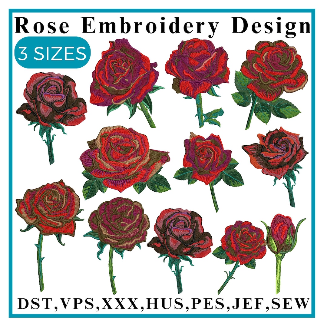 Rose Embroidery Design, Red Rose Filled Stitch, Summer Flower Motif ...