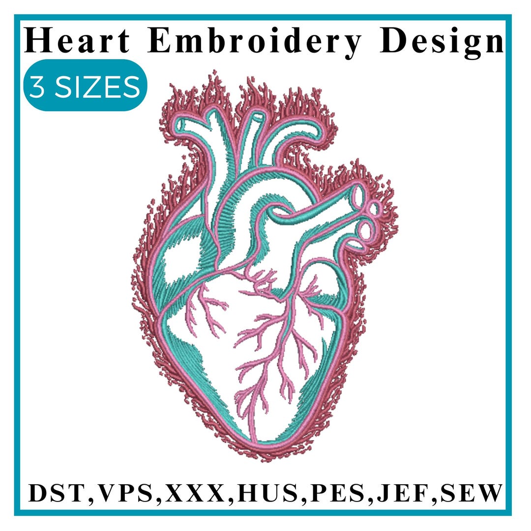 Heart Embroidery Design, Anatomy Heart Embroidery Design, Full Fill ...