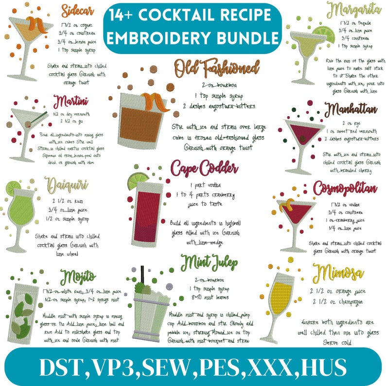 Cocktail Embroidery Design, Cocktail Recipe Embroidery, Martini ...