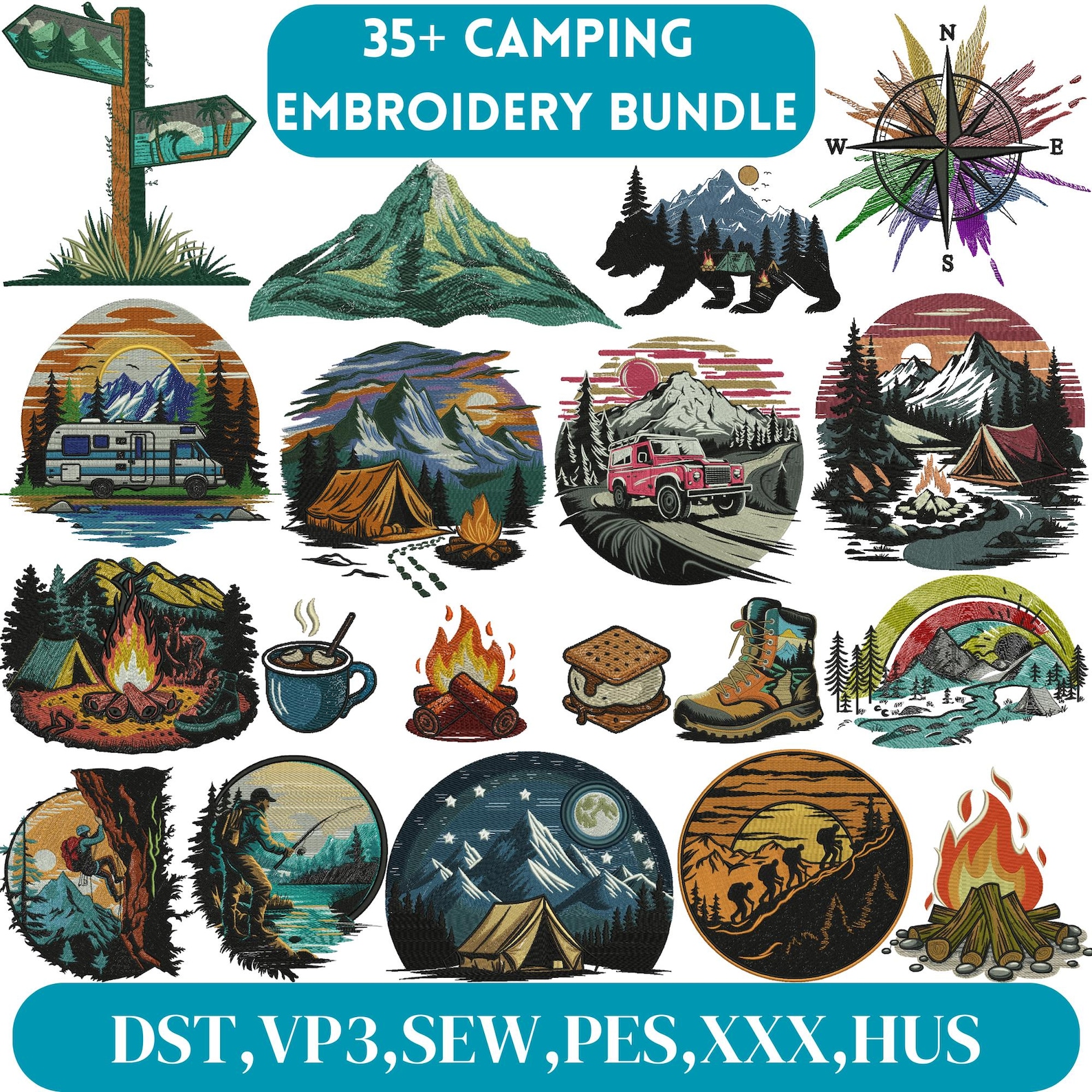 Camping Embroidery Design, Retro Camper Embroidery, Summer Campfire ...