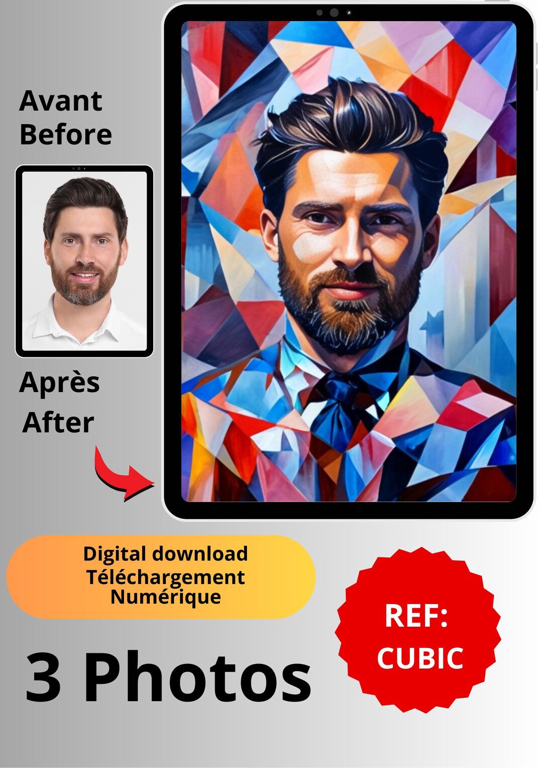 3 Photos Transformation of Your Portrait Photo Into a Cubic Drawing ...